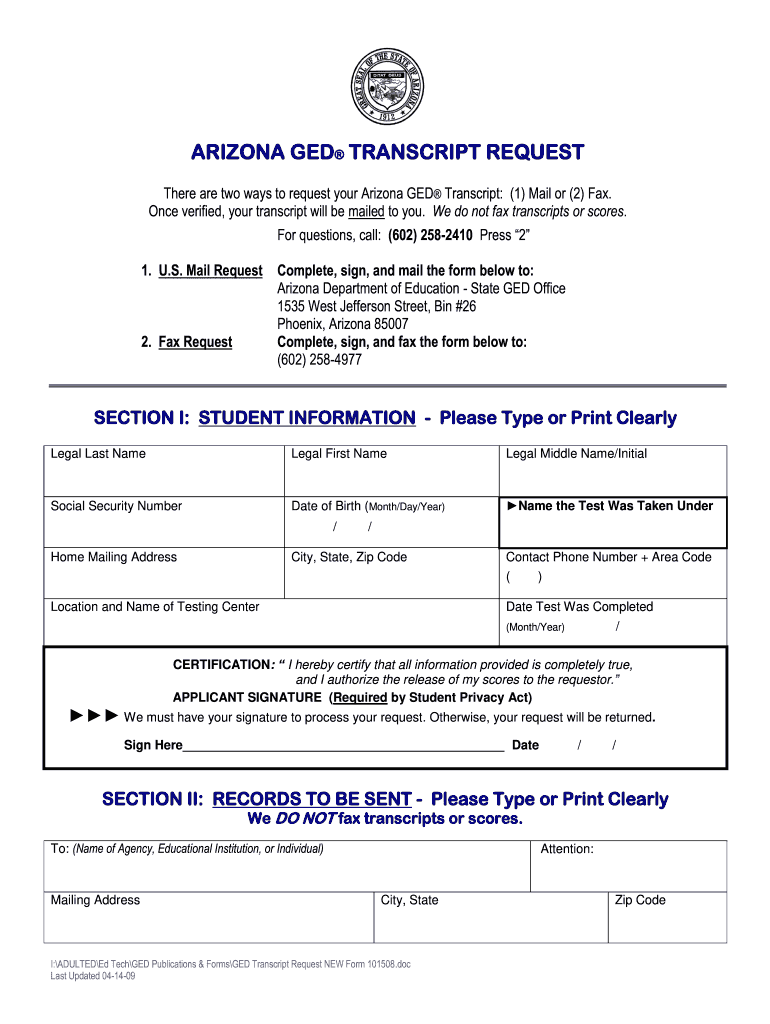 Arizona GED Transcript Re Form 2009 2022 Fill And Sign Printable 