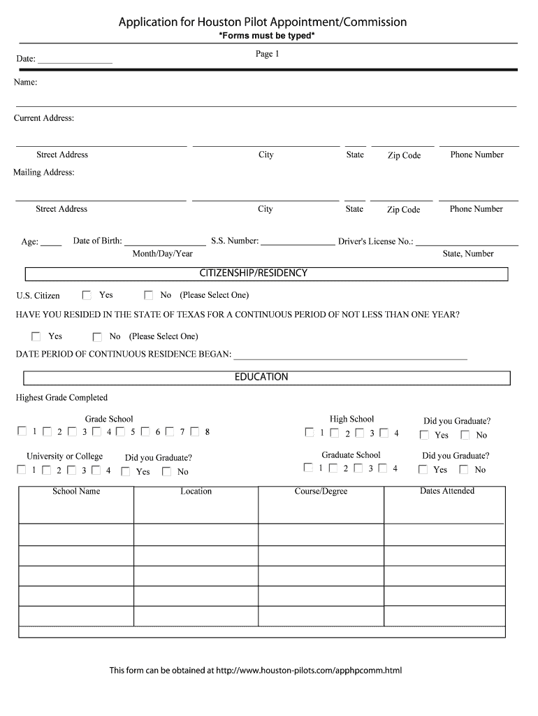 Fillable Online Application Form - Houston Pilot Commission Fax Email ...