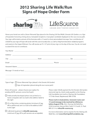 Fillable Online life-source 2012 Sharing Life Walk/Run Signs of Hope ...