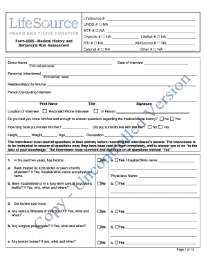 Fillable Online life-source Form-0005 - Medical History and Behavioral ...