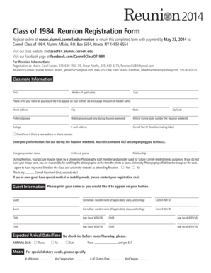 Fillable Online alumni cornell Class of 1984: Reunion Registration Form ...
