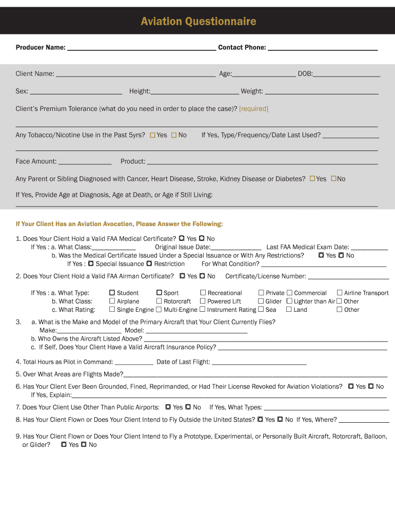 Fillable Online Aviation Questionnaire - CBIZ Life Insurance Solutions ...