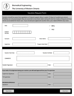 Fillable Online Vacation Request Form Biomedical Engineering The University of ... Fax Email ...