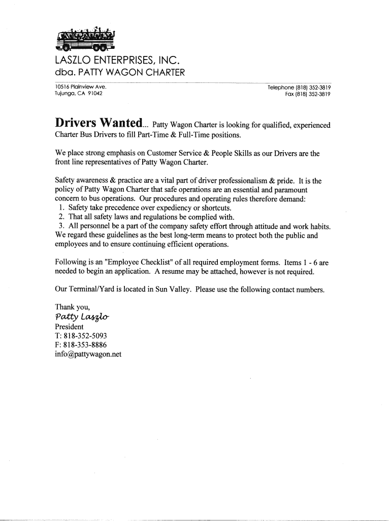 Fillable Online pattywagon Drivers Wanted - pattywagon.net Fax Email ...