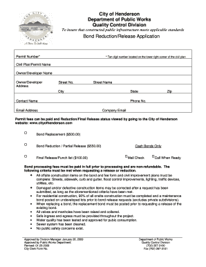 Fillable Online Bond Reduction/Release Application - City of Henderson ...