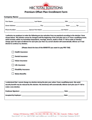 Fillable Online Premium Offset Plan Enrollment Form Company Name: First ...