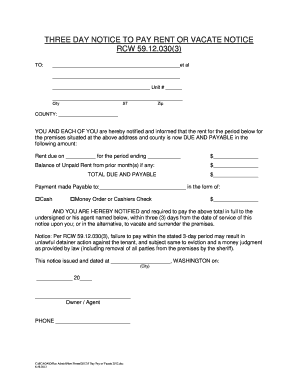 Fillable Online THREE DAY PAY RENT OR VACATE NOTICE (RCW 59 Fax Email ...