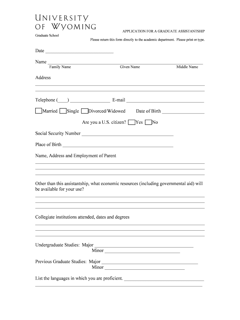 Fillable Online www-das uwyo Graduate Assistant Application Form - University of Wyoming Fax ...
