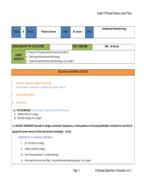 Fillable Online Grade 10 Physical Science Lesson Plans Page - Physical ...