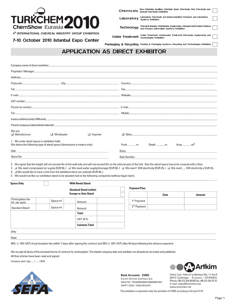 Fillable Online SEFA/Turkchem Exhibitor Registration Form Fax Email ...