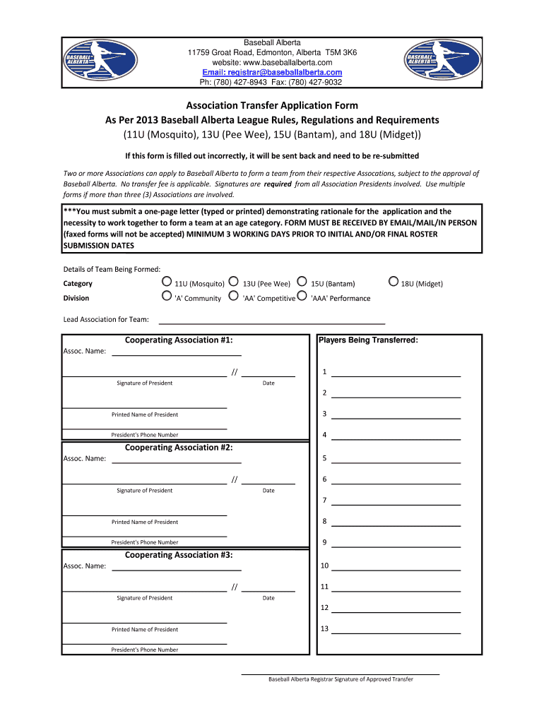 Fillable Online 2013 Transfer Form - BallCharts.com Fax Email Print ...