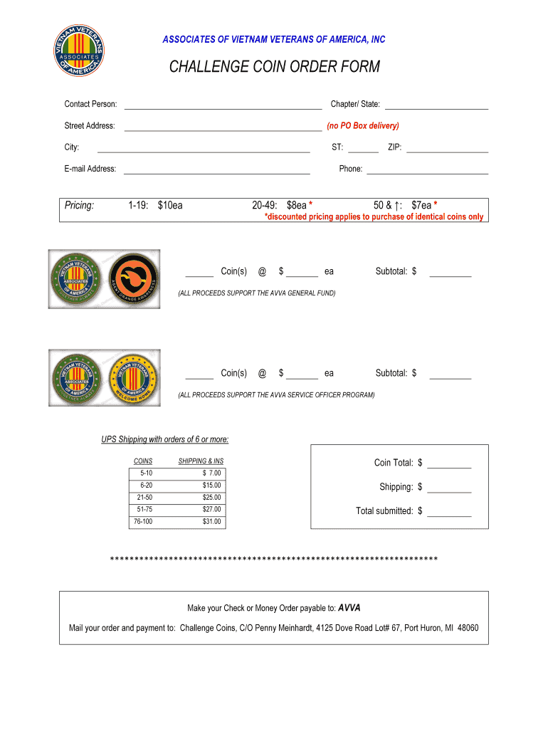 Fillable Online avva Order Form For Challenge Coins - Associates of ...