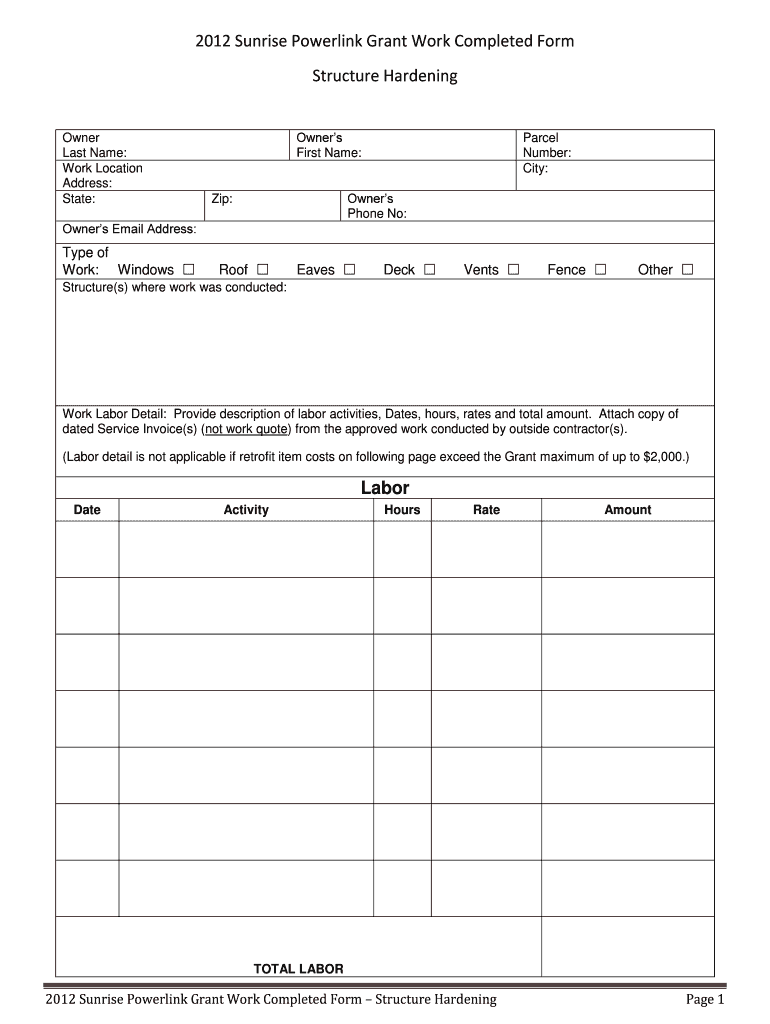 Fillable Online 2012 Sunrise Powerlink Grant Work Completed Form ...