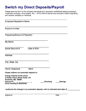 Fillable Online Switch my Direct Deposits/Payroll - Energy Federal Credit Union Fax Email Print ...