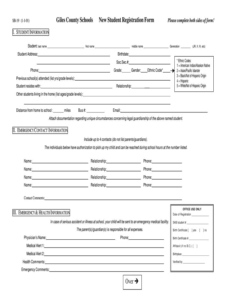 Fillable Online sbo gilesk12 SB-19 REV. 1.01 NEW Student Registration ...