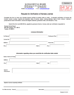 Fillable Online Verification of Licensure Request Form - Kansas Dental Board Fax Email Print ...