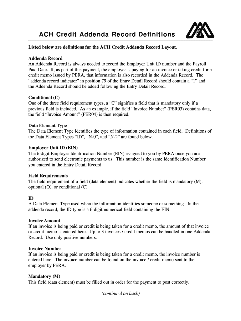 Fillable Online ACH Credit Addenda Record Definitions Fax Email Print ...