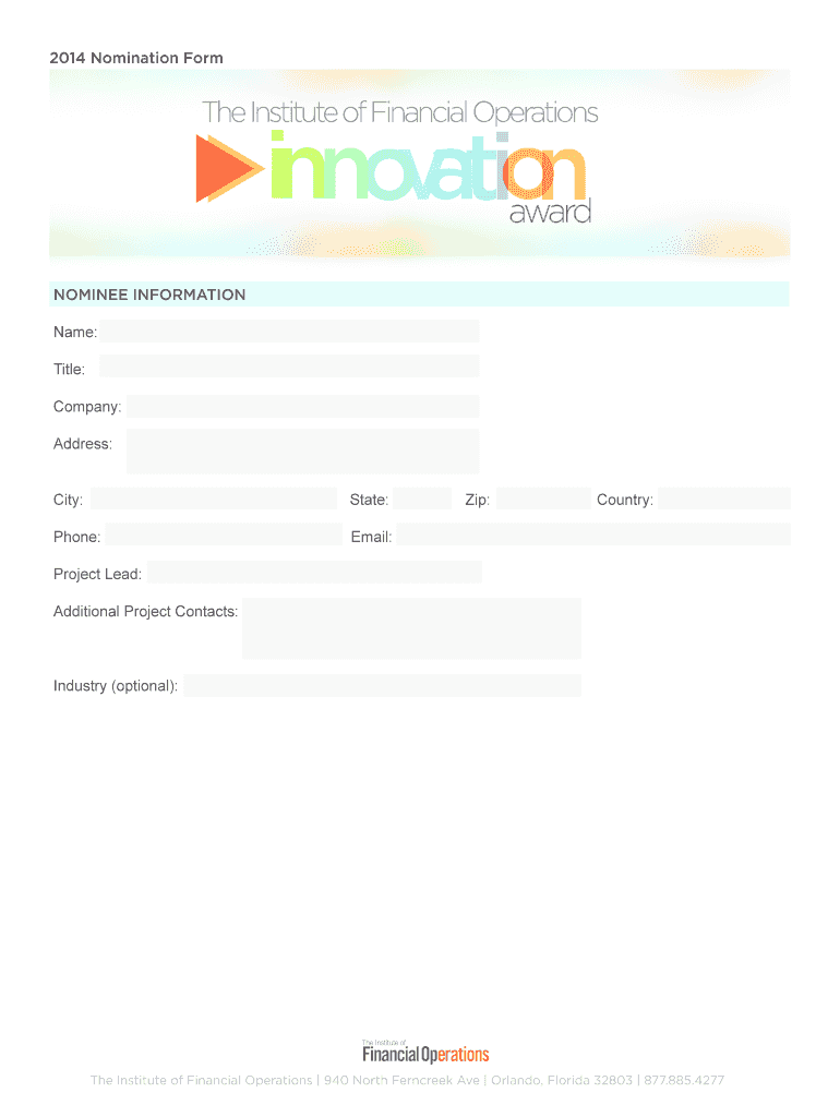 Fillable Online 2014 Innovation Award Nomination Form - The Institute ...