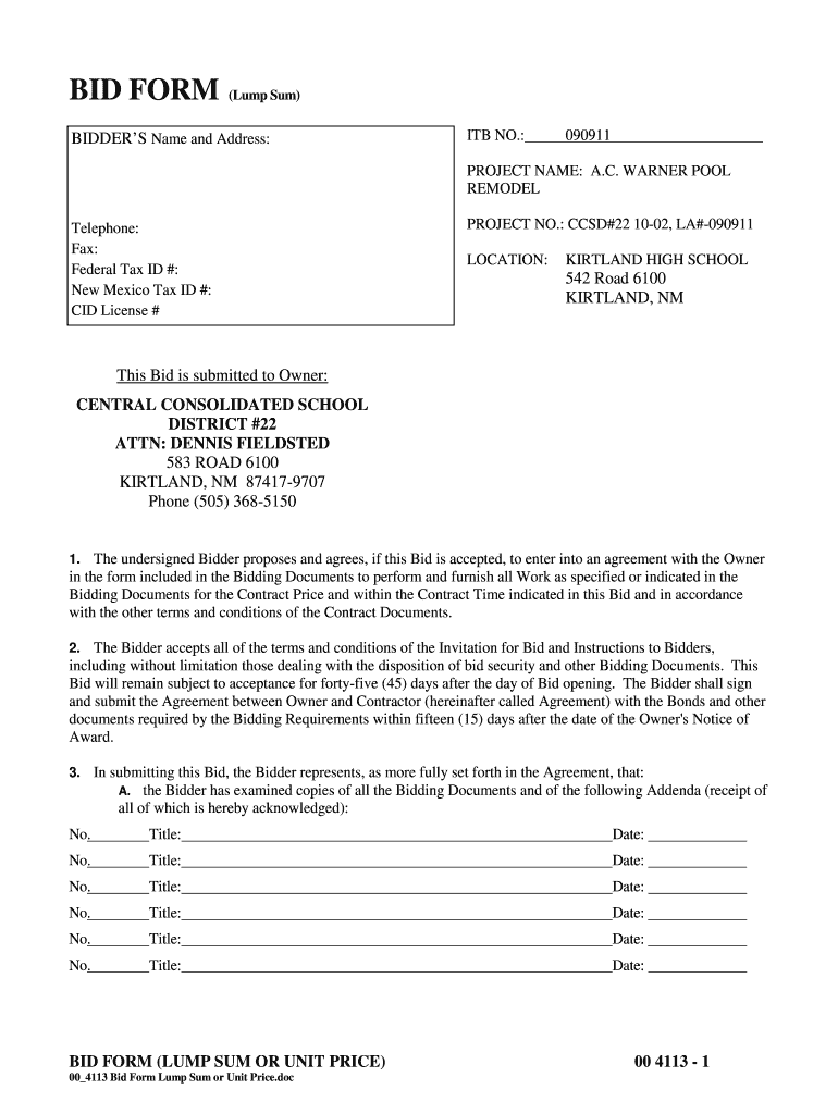 Fillable Online BID FORM (LUMP SUM OR UNIT PRICE ...