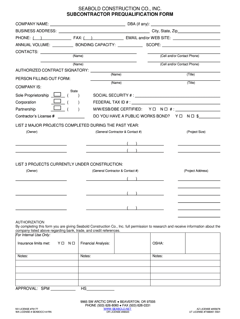 Fillable Online seabold SUBCONTRACT / VENDOR INFORMATION - Seabold ...