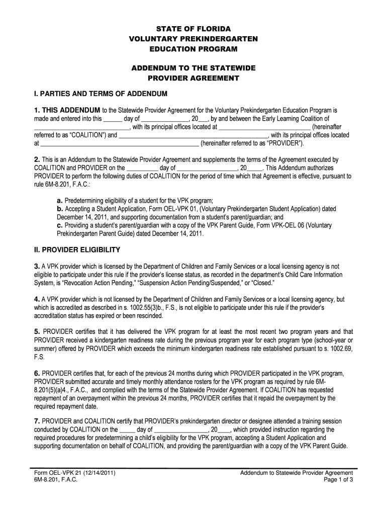 Fillable Online elcoforangecounty VPK Pilot Provider Agreement Addendum ...