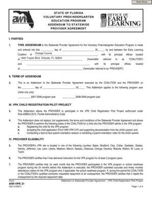 Fillable Online elcoforangecounty Form AWI-VPK 21 Pilot Addendum 02-14 ...