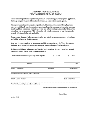 Fillable Online DISCLOSURE RELEASE FORM - Vasona Management Fax Email Print - pdfFiller