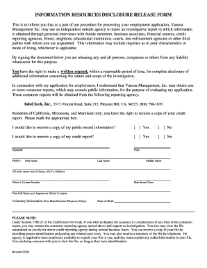 Fillable Online Information resources disclosure release form - Vasona Management Fax Email ...