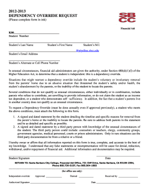 Fillable Online B2012b-2013 dependency override request - Santa Barbara City College Fax Email ...