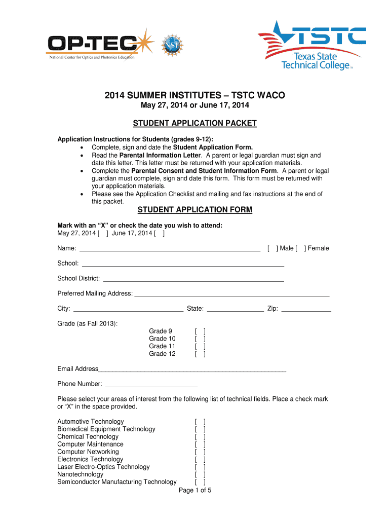 Fillable Online op-tec Student Application Form Packet - National Center for Optics and ... Fax ...