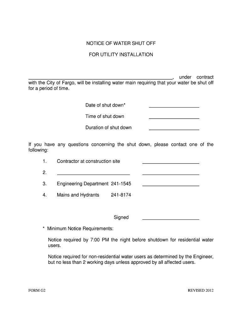 Fillable Online NOTICE OF WATER SHUT OFF FOR UTILITY INSTALLATION Date ...