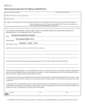 Fillable Online Texas Sales and Use Tax Resale Certification Form Fax ...