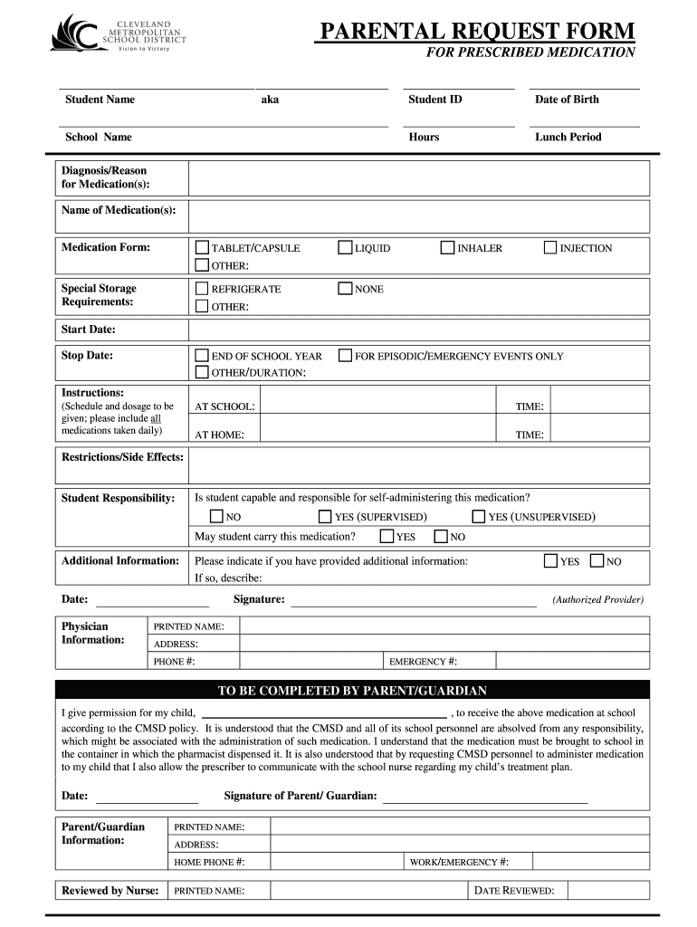 Fillable Online Medication Permission Form. CMSD Health & Support ...