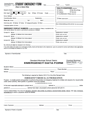 Fillable Online Student Emergency Card - Cleveland Metropolitan School ...