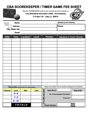 Fillable Online CBA SCOREKEEPER TIMER GAME FEE SHEET Fax Email Print ...