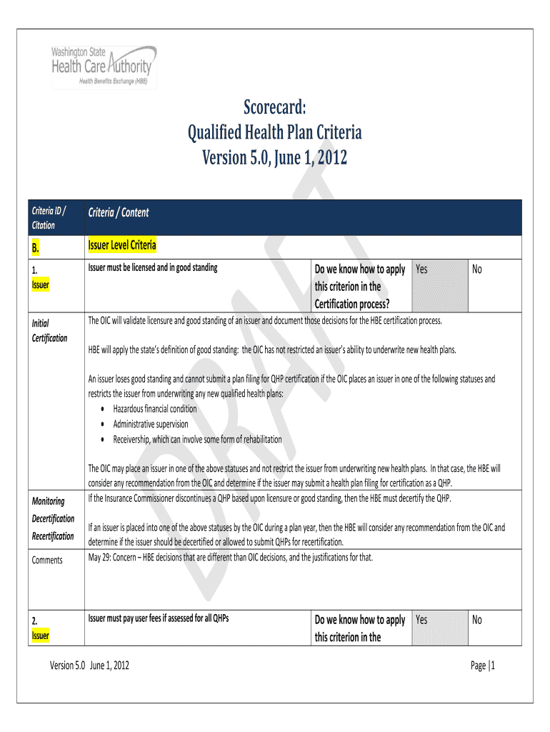 Fillable Online Scorecard: Qualified Health Plan Criteria Version 5 Fax Email Print - pdfFiller