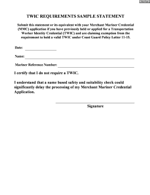Fillable Online TWIC REQUIREMENTS SAMPLE STATEMENT Fax Email Print ...