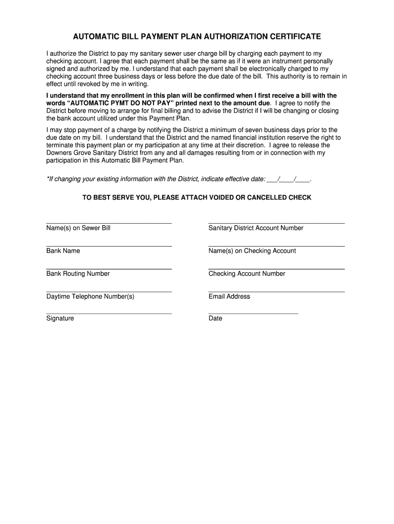 Fillable Online AUTOMATIC BILL PAYMENT PLAN AUTHORIZATION bCERTIFICATEb ...