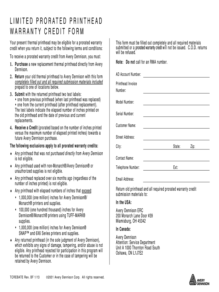 Fillable Online LIMITED PRORATED PRINTHEAD WARRANTY CREDIT FORM Fax ...