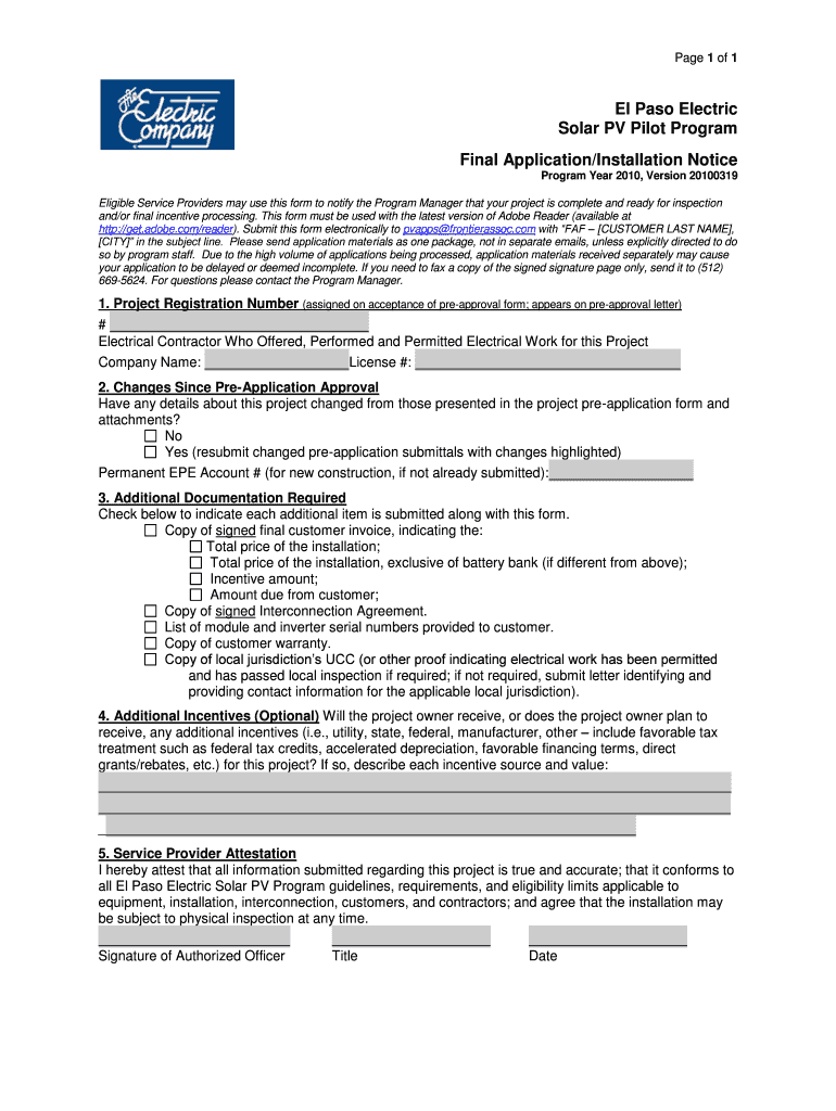 Fillable Online El Paso Electric Solar PV Pilot bProgramb Final bApplicationbInstallation bb Fax ...