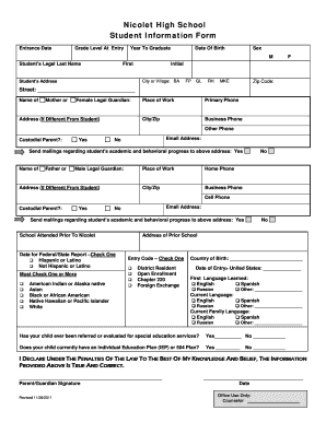 Fillable Online Student Information Form - Nicolet High School Fax ...