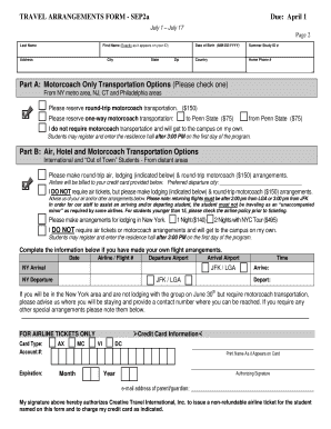 Fillable Online TRAVEL ARRANGEMENTS FORM - SEP2a Due: April 1 SUMMER ...