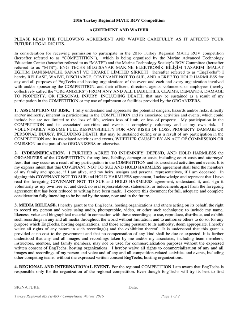 Fillable Online turkey marinetech2 AGREEMENT AND WAIVER - turkey ...