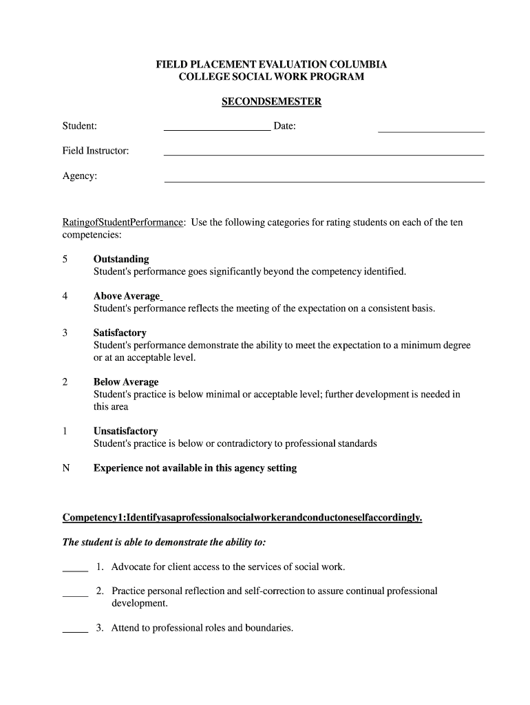 Fillable Online columbiasc FIELD PLACEMENT EVALUATION COLUMBIA Fax Email Print - pdfFiller