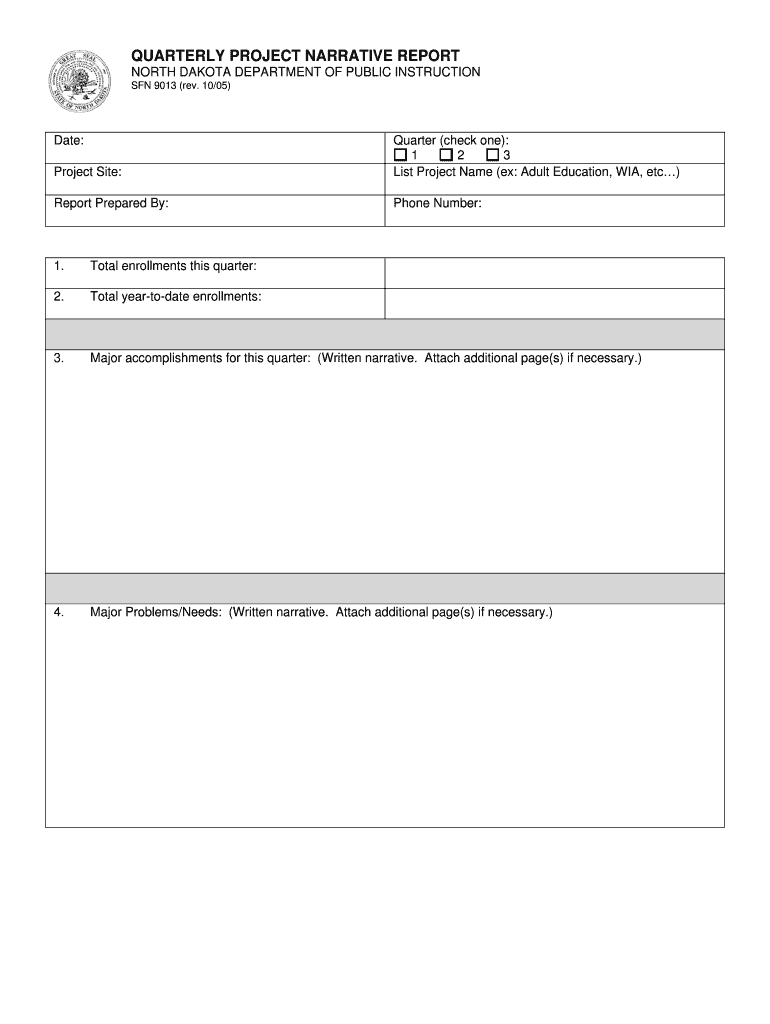 Fillable Online nd Quarterly Project Narrative Report - SFN 9013 Fax ...