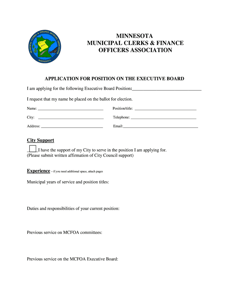 Fillable Online mcfoa APPLICATION FOR POSITION ON THE EXECUTIVE BOARD ...