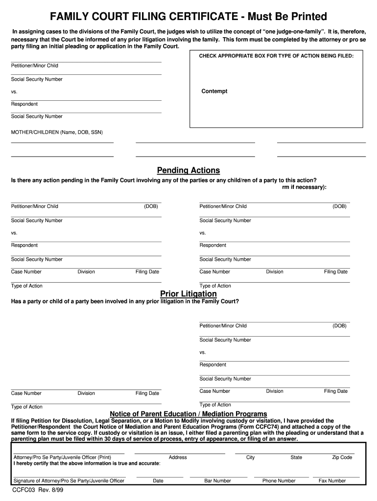 Fillable Online FAMILY COURT FILING CERTIFICATE - Must Be Printed Fax ...