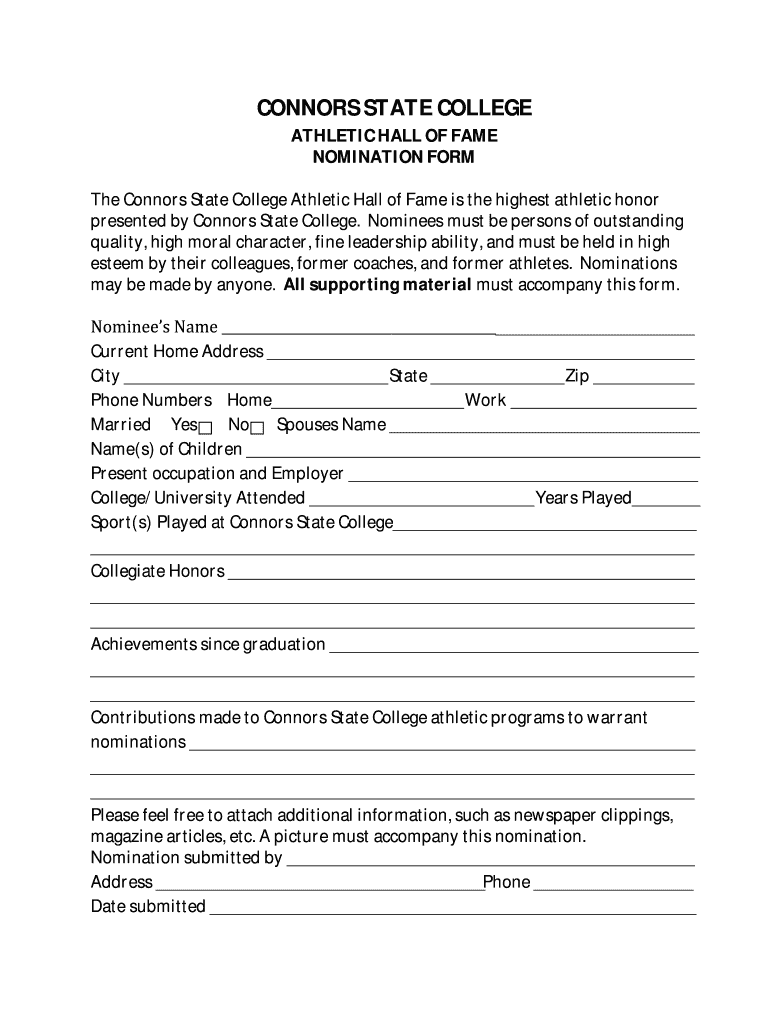 Fillable Online The Connors State College Athletic Hall of Fame is the highest athletic honor ...