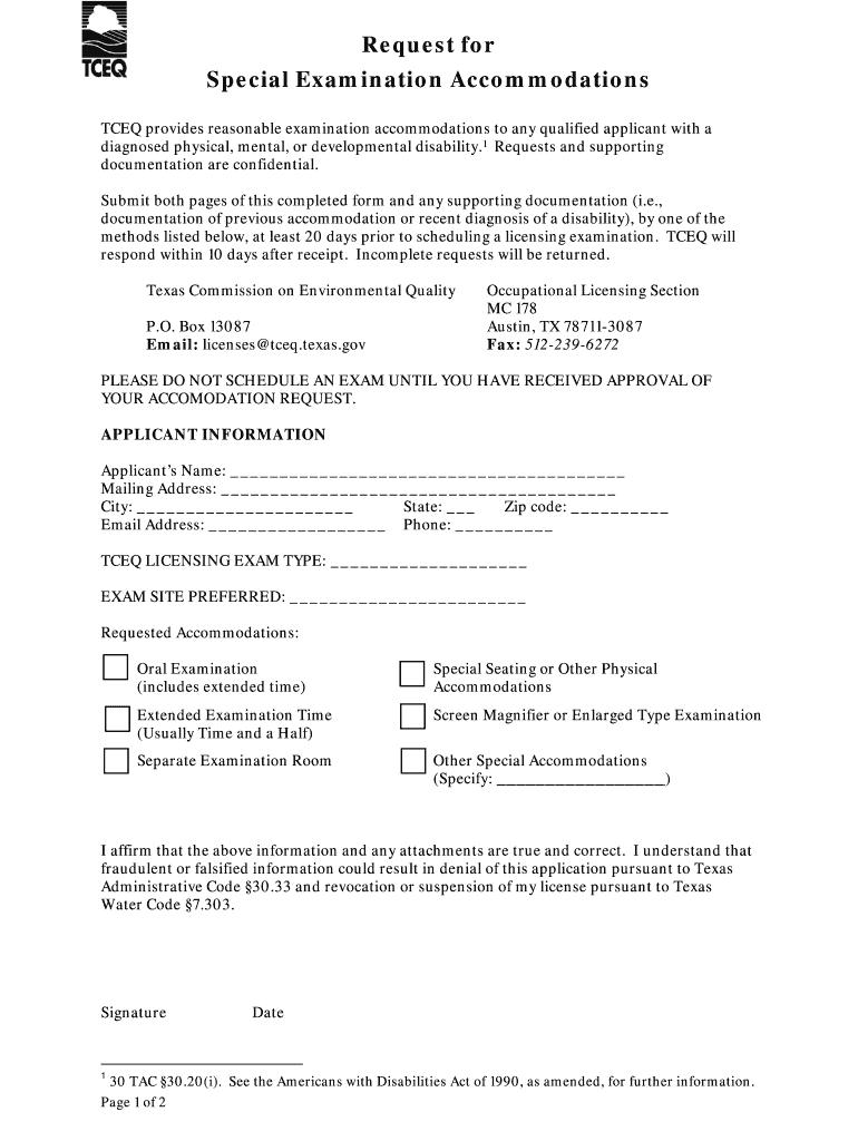 Fillable Online tceq texas Special Examination Accommodations Fax Email ...
