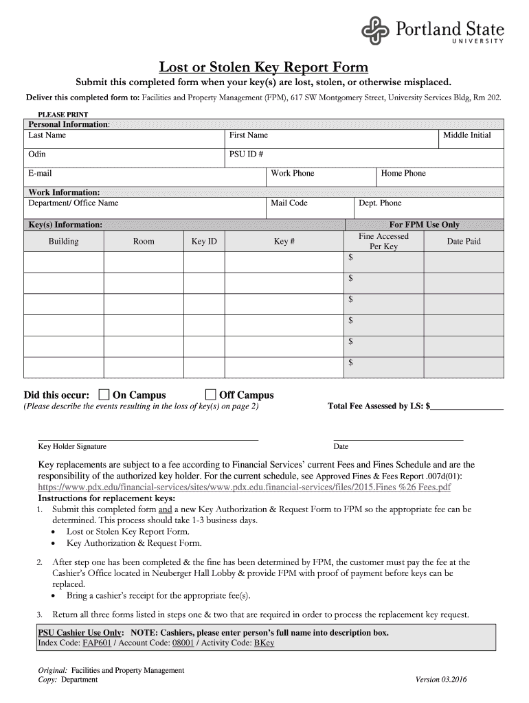 Fillable Online pdx Submit this completed form when your key(s)/key-card are lost, stolen, or ...